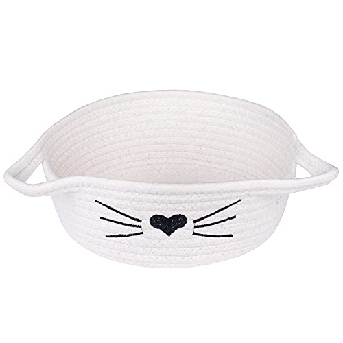 Small Woven Basket Cotton Rope Basket with Cat Ears Little Storage Baskets for Organizing Bins Organizer Wicker Nursery Room for Kids Baby Dog Toy Drawer Gifts 9.5"x8.5"x4", White