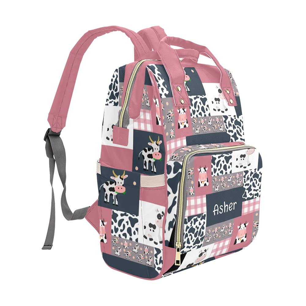 Yeshop Cute Cow Print Personalized Diaper Bag Backpack Tote with Name,Custom Travel Nappy Mommy for Baby Girl Boy Gift, 10.83 * 6.69* 15
