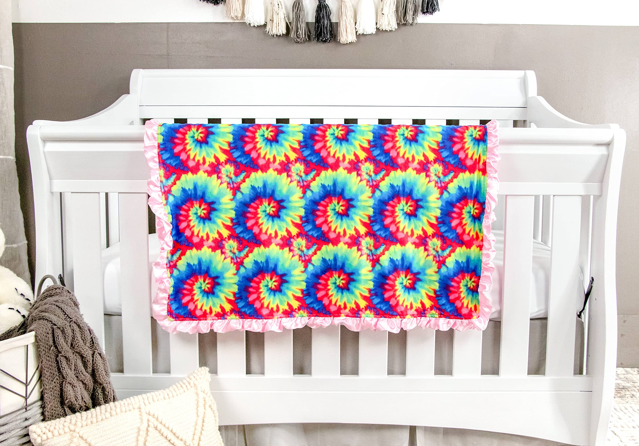 Top Tots Baby Blanket - Tie Dye Pattern with Pink Minky Dot & Satin Ruffle, 31 x 31 Inch Multicolored
