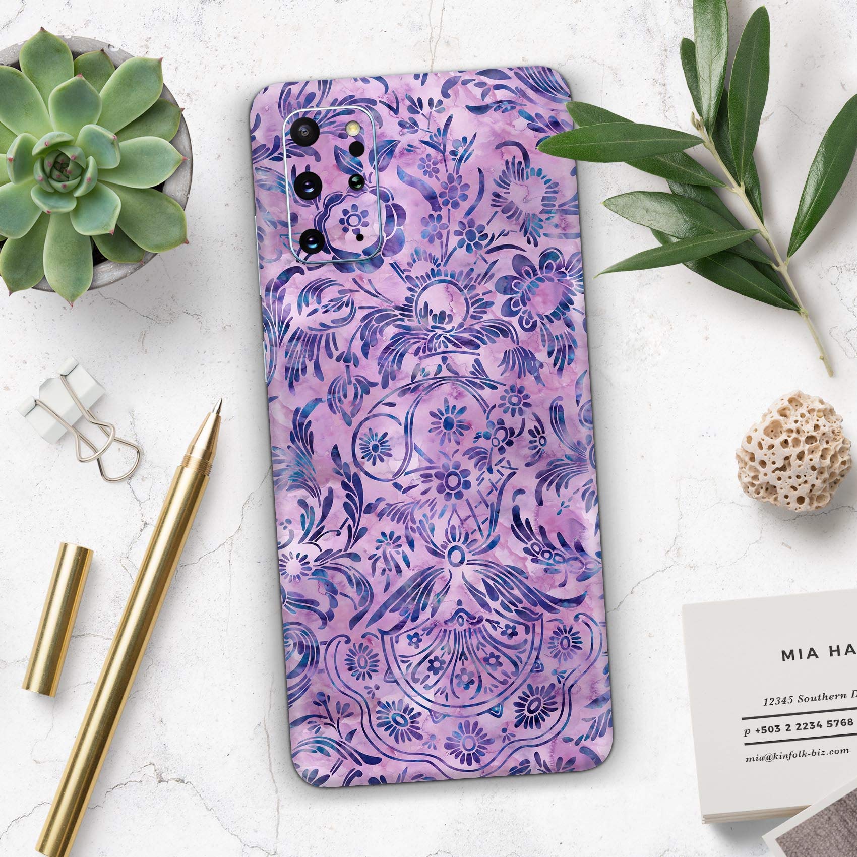 DesignSkinz Purple Damask Watercolor Pattern Protective Vinyl Decal Wrap Skin Cover Compatible with The Samsung Galaxy S20 (Screen Trim & Back Glass Skin)