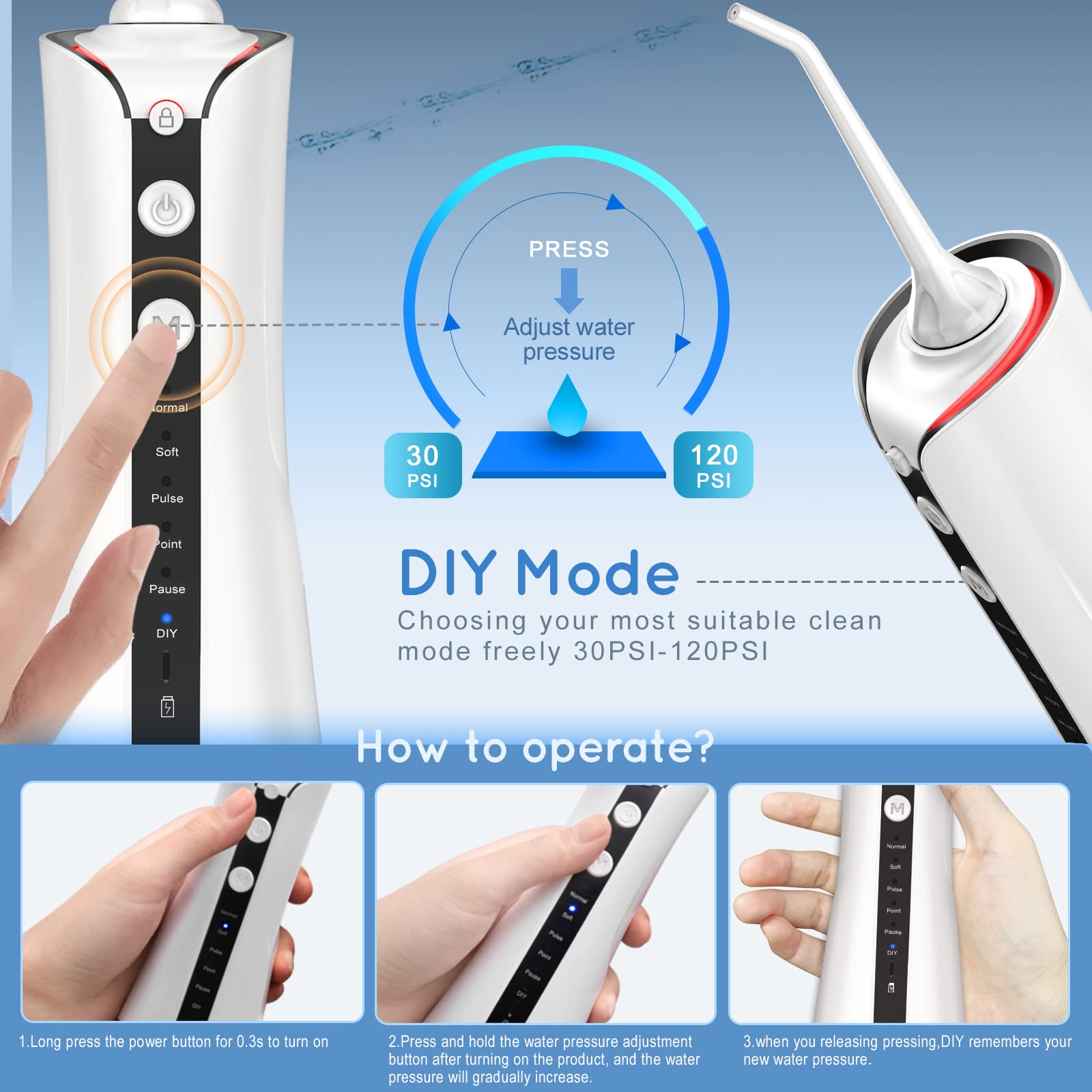 TUREWELL Water Flosser for Teeth with DIY Modes, Rechargeable and Portable Dental Oral Irrigator,300ML Water Tank with IPX7 Waterproof for Home Travel