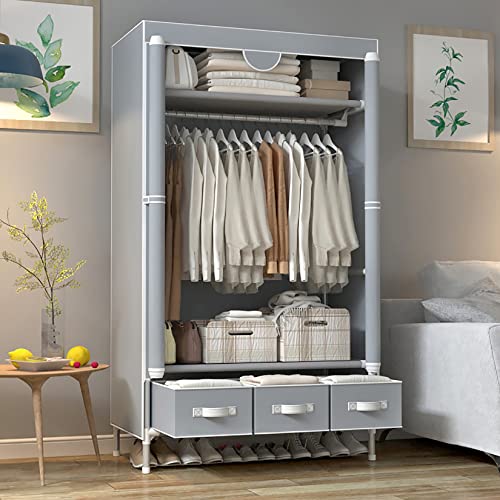 ASSICA Portable Clothes Closet Rolling Door Wardrobe with Hanging Rack Non-Woven Fabric Storage Organizer with Three Drawer Boxes No-Tool Assembly - 35.4 x 17.7 x 67.0 ββ (Gray)