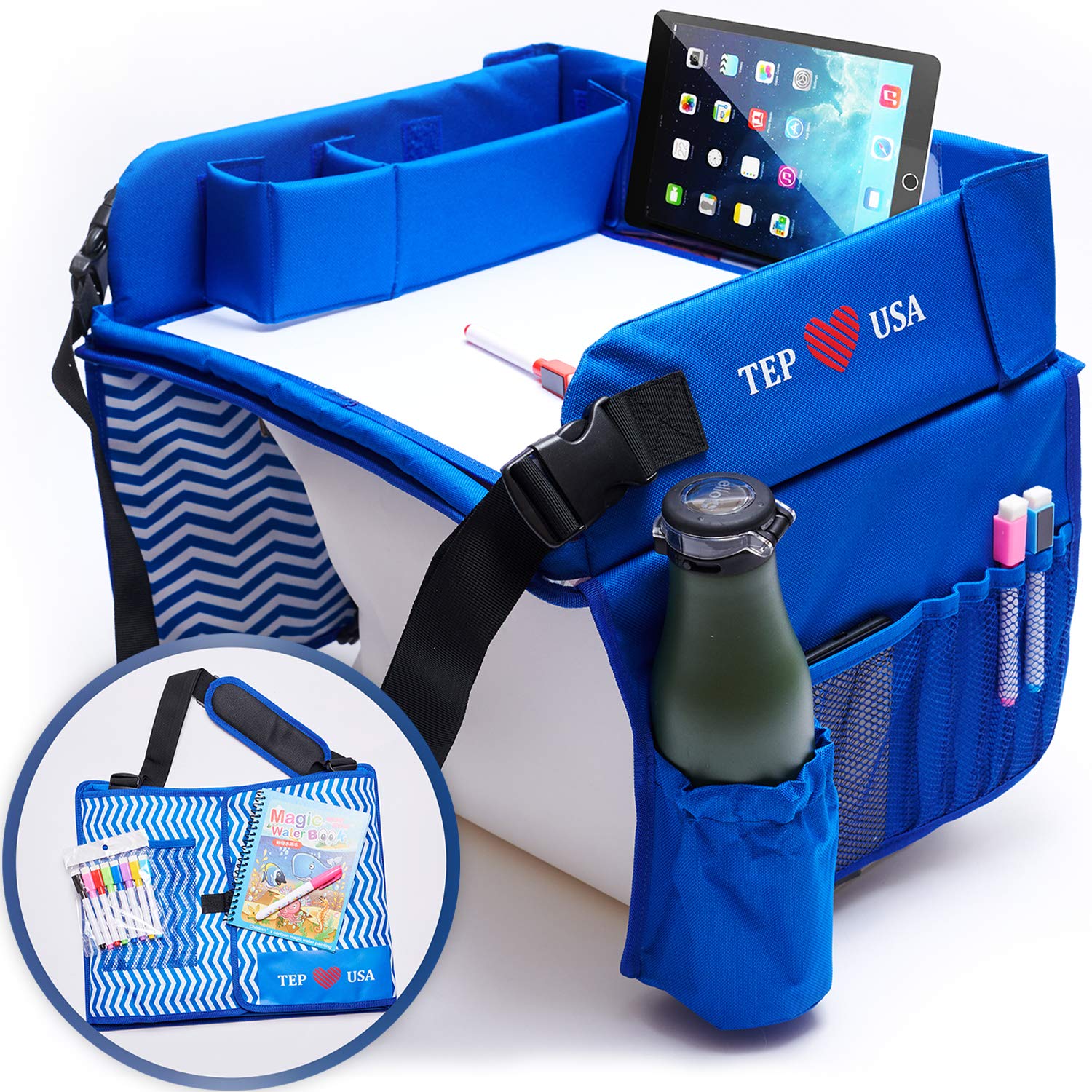 Car Seat Kids Travel Tray - Toddler Lap Activity Table Includes Dry Erase Board, Dry Erase Markers, Coloring Book & Secure Tablet Cover - Comfort Car Tray Base, Foldable with Easy to Carry Strap