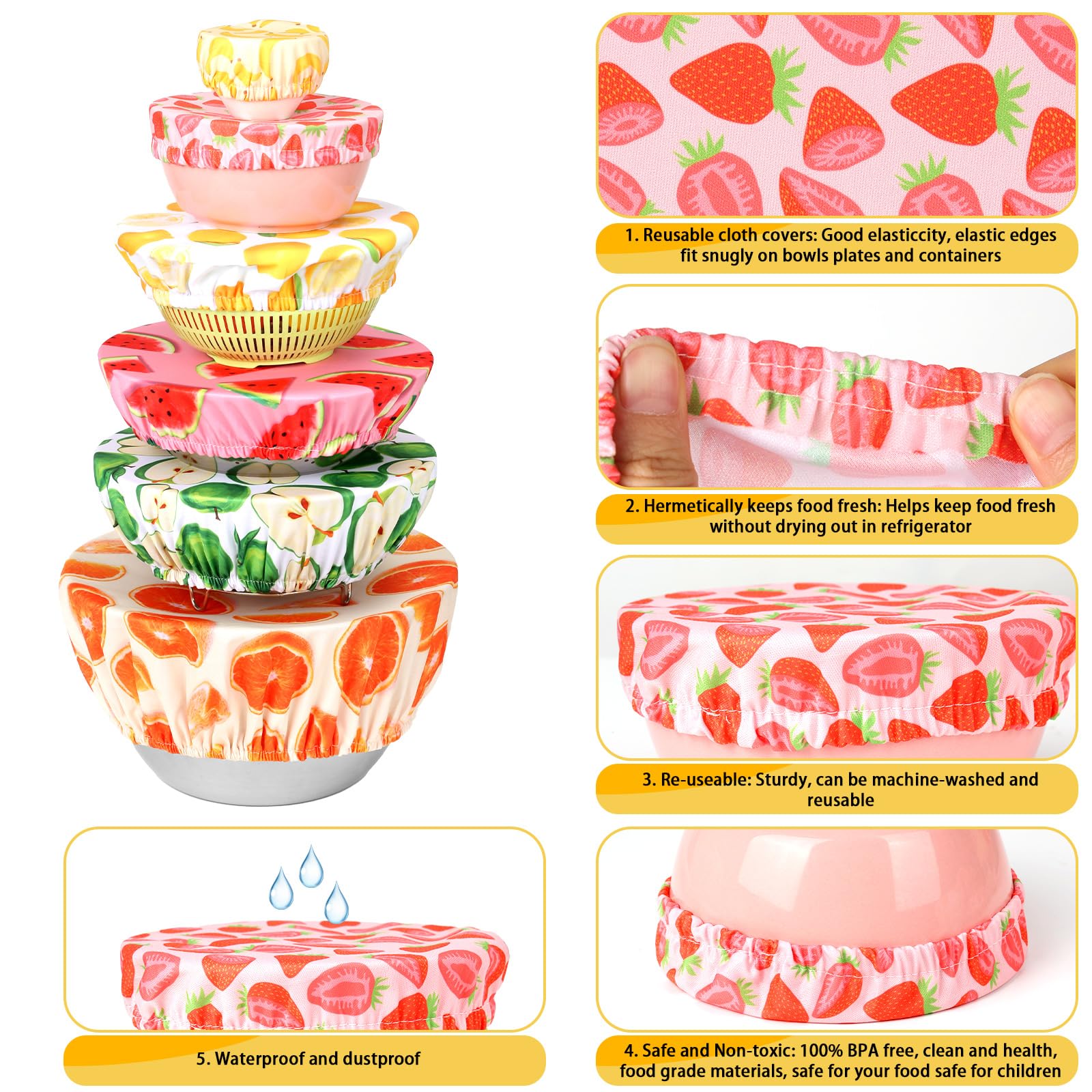 15 Pieces Reusable Bowl Covers in 6 Size, Sublaga Stretch Cloth Fabric Dish Cover Kitchen Storage Containers Lids for Fruits Food Leftover Dough Bread Proofing (Fruit Style)