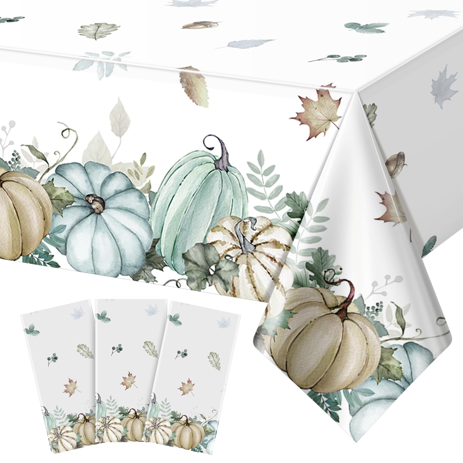 3 Pcs Fall Thanksgiving Pumpkin Tablecloth Decorations, Rustic Watercolor Autumn Pumpkins Vines Maple Eucalyptus Leaves Fall Harvest Table Cover for Autumn Thanksgiving Party Supplies, 54 x 108 Inch