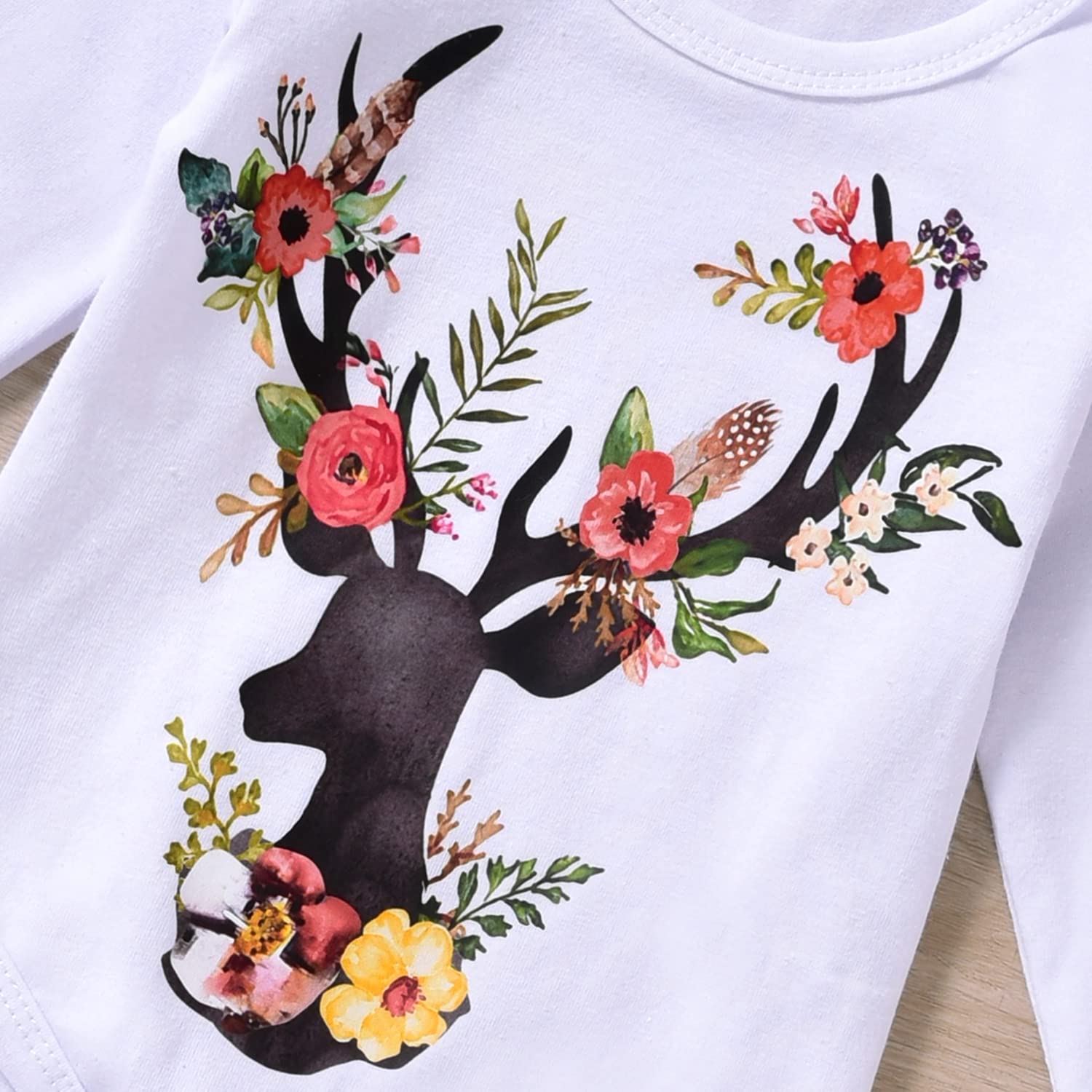 Aalizzwell Newborn Girls Long Sleeve Deer Romper Tops Pink Pants Hat Set (White, 0-3Months)
