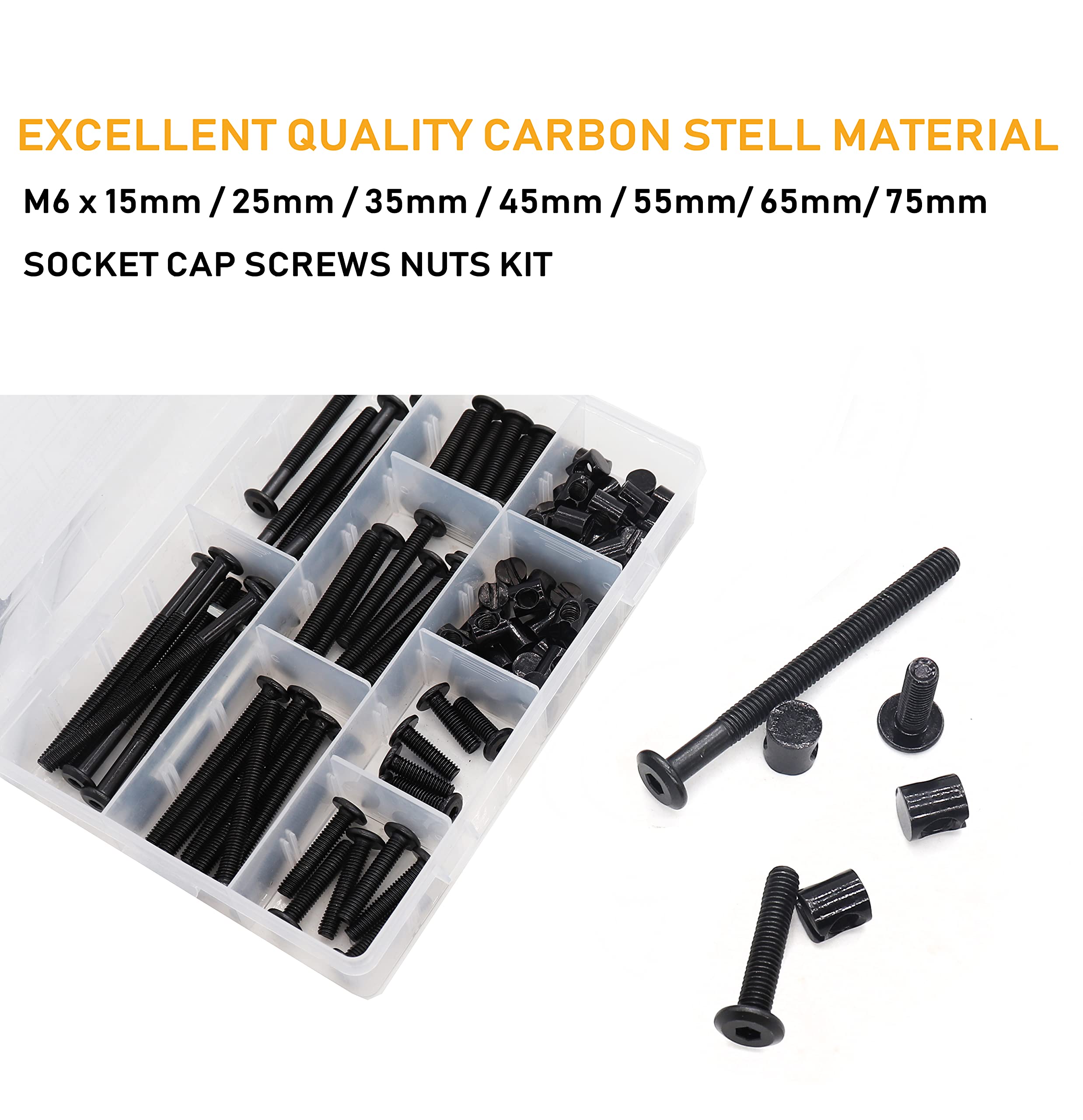 Baby Bed Crib Screws Hardware Replacement Kit, binifiMux 100pcs M6x15mm/25mm/35mm/45mm/55mm/65mm/75mm Black Hex Drive Socket Cap Screws Barrel Nuts Assortment Kit for Beds Chairs Furniture