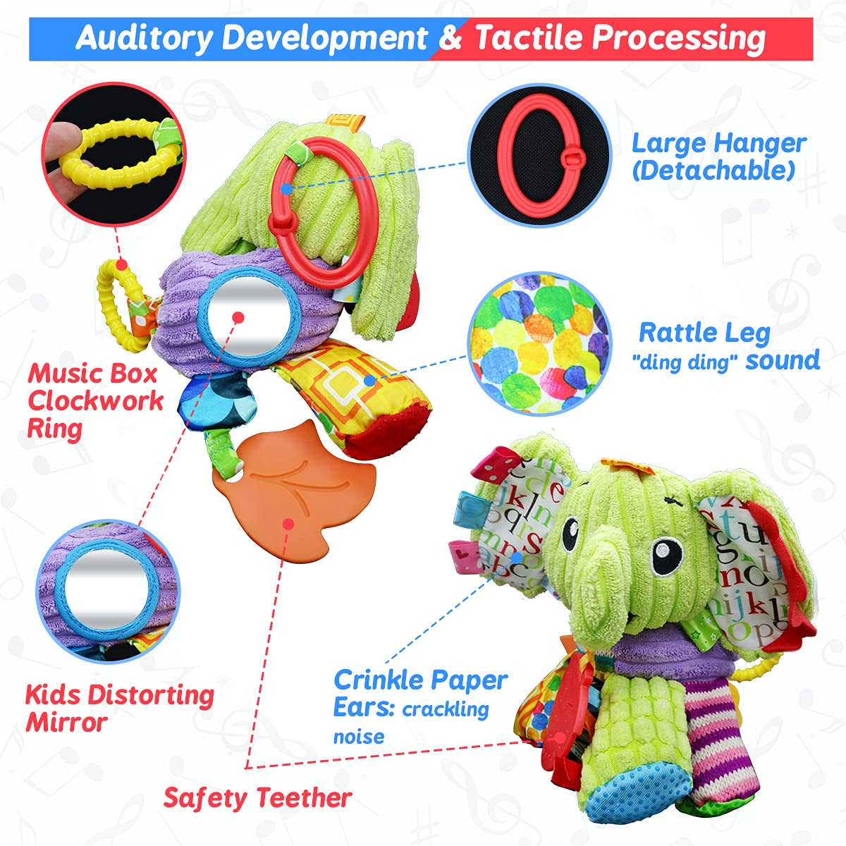 Car Seat Toys Baby Toy Infant Toy with Musical Box Stroller Toys Crib Toy Development Toy with Rattles Crinkle Teether Magic Mirror, Stroller Clip-On Carseat Cot Crib Bed Hanging Toy - Elephant