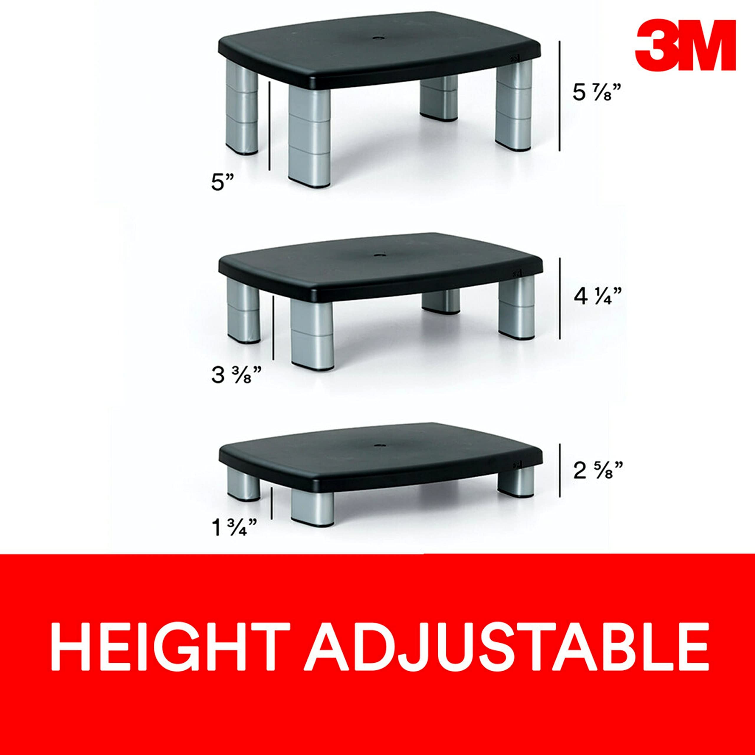3M Adjustable Monitor Stand Riser, Three Leg Segments Simply Adjust Height, Sturdy Platform Holds Up to 80 lbs for Monitors, Laptops, and Printers, Space for Storage Underneath, Silver/Black (MS80B)