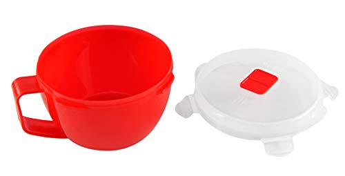 Home-X Microwave Soup Mugs with Lid- Set of 2, Microwave Soup Bowls with Handle and Vented Lid, BPA Free Dishwasher Safe, 32oz Capacity, Set of 2, 7 ¼" L x 5" W x 4" H, Red