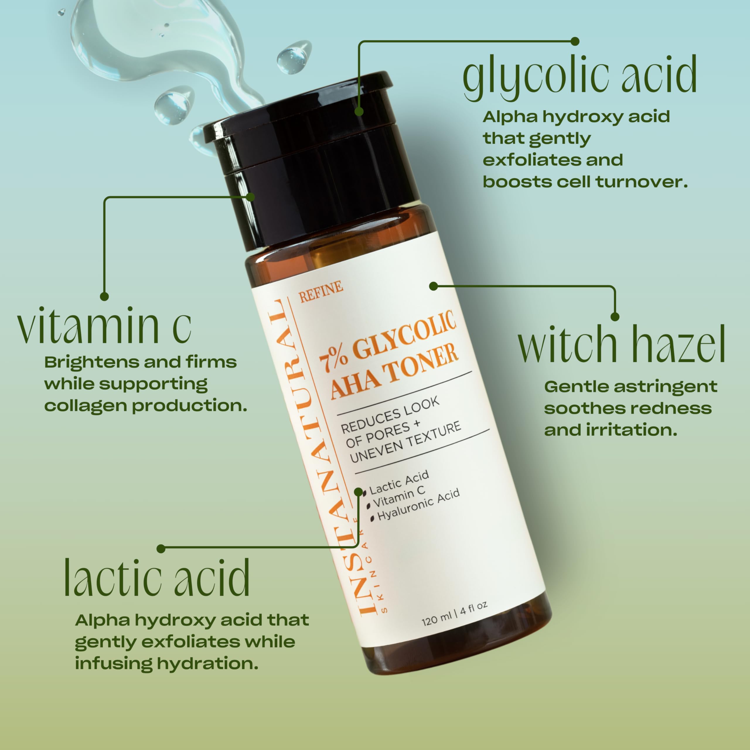 InstaNatural 7% Glycolic AHA Face Toner, Brightens, Reduces The Look of Pores and Uneven Texture, Gently Exfoliates, with Lactic Acid, Witch Hazel and Vitamin C, 4 Fl Oz