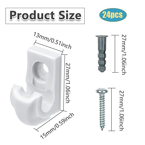 24 Pack White Down Wall Clip Closet Shelves Clips Wire Shelf Loop Clips Plastic Heavy Duty Wire Shelf Brackets Included Clips Screws and Expansion Tubes for Wire Closet Shelving