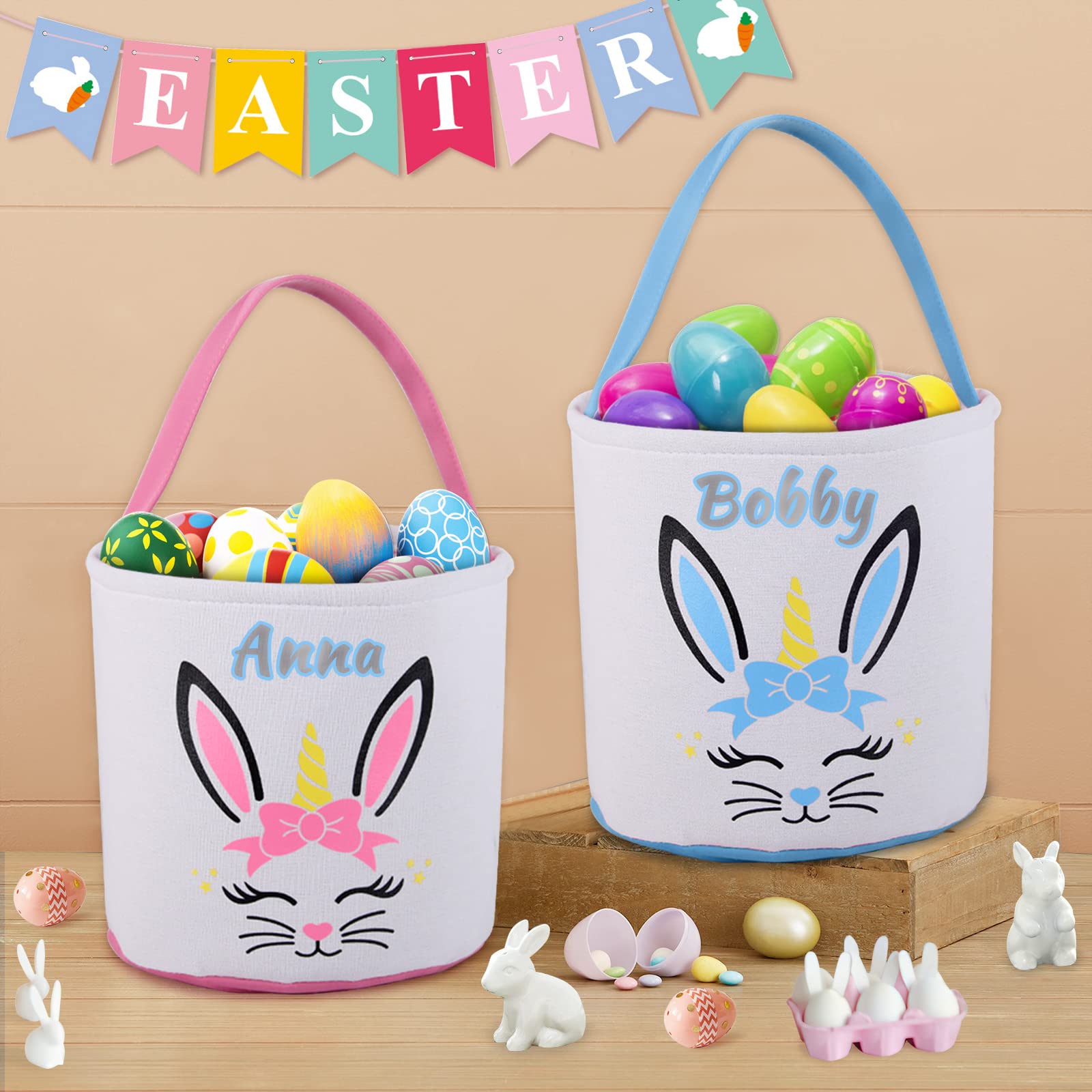 2PCS Large Easter Basket Empty for Teens Boys Girls Kids + Easter Banner + Pen, Bunny Personalized Easter Basket for Candy Stuffers Gifts Toys Egg Hunt Tote Bag Bucket, Party Favors Easter Basket Bulk