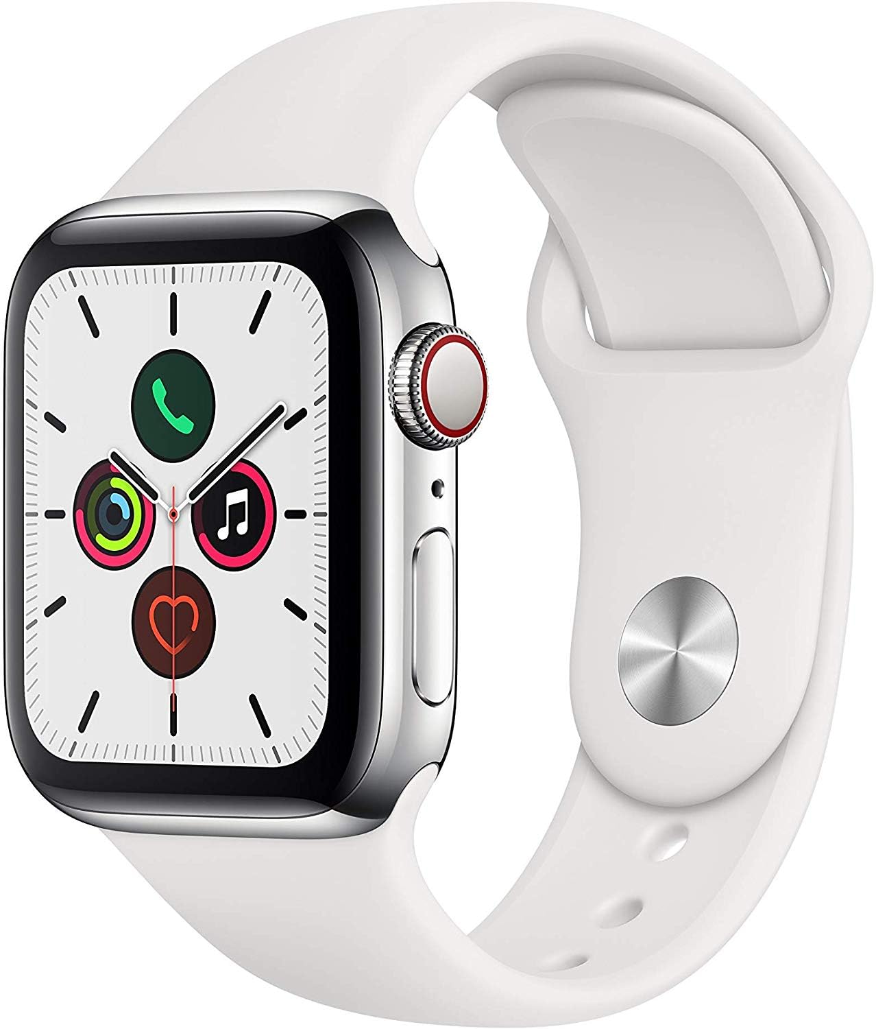 Apple Watch Series 5 (GPS + Cellular, 44MM) - Silver Stainless Steel Case with White Sport Band (Renewed)