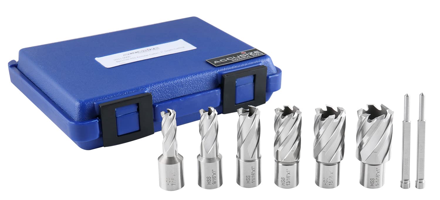 Accusize Industrial Tools Hss Professional Annular Cutter Set 1'' Cutting Depth, 7/16'' to 1-1/16'' with 3/4'' Weldon Shank, 8 Pc Set, HSS1-0000