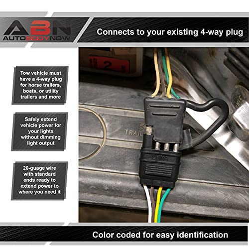 ABN Trailer Wire Extension, 1ft, 4-Way 4-Pin Plug Flat 20 Gauge β Hitch Light Trailer Wiring Harness Extender
