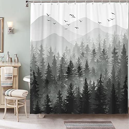 Accnicc Black and White Misty Forest Shower Curtain Set Grey Gray Ombre Waterproof Fabric Shower Curtains Nature Tree Mountain Woodland Decorative Bathroom Bath Curtain Decor (72'' × 72'', Black)