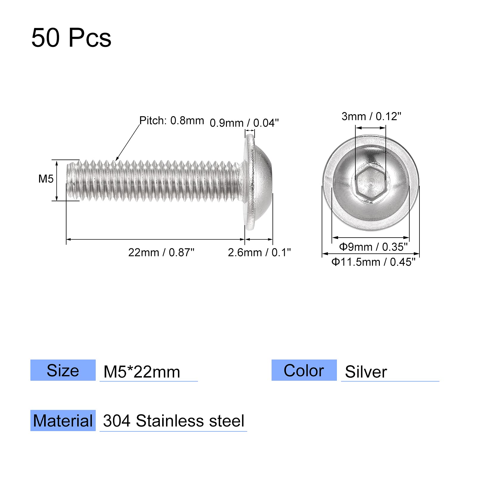 uxcell Flanged Button Head Socket Cap Screws, M5*22mm Hex Socket Drive Screw, 304 Stainless Steel Fasteners Bolts, Fully Threaded Machine Screw 50Pcs