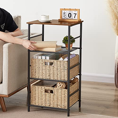 VECELO Tall End/Side Table with 2 Wicker Basket Storage Shelf Telephone Stand for Living Room, Bathroom, Bedroom, Office, Entryway, Easy Assembly, 3-Tier, Brown