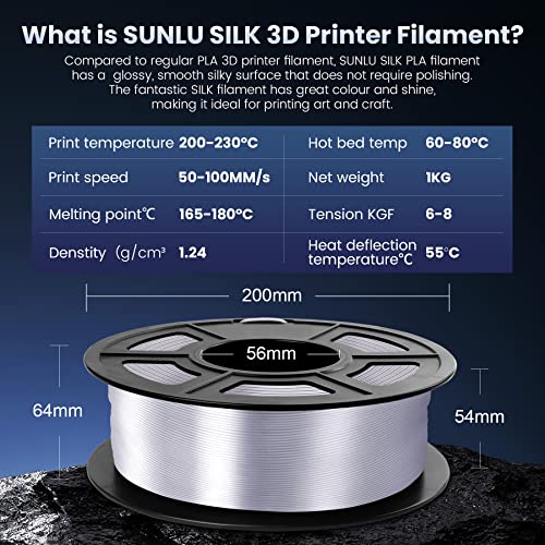 3D Printer Silk Filament, SUNLU Shiny Silk PLA Filament 1.75mm, Smooth Silky Surface, Great Easy to Print for 3D Printers, Dimensional Accuracy +/- 0.02mm, Silk Silver 1KG