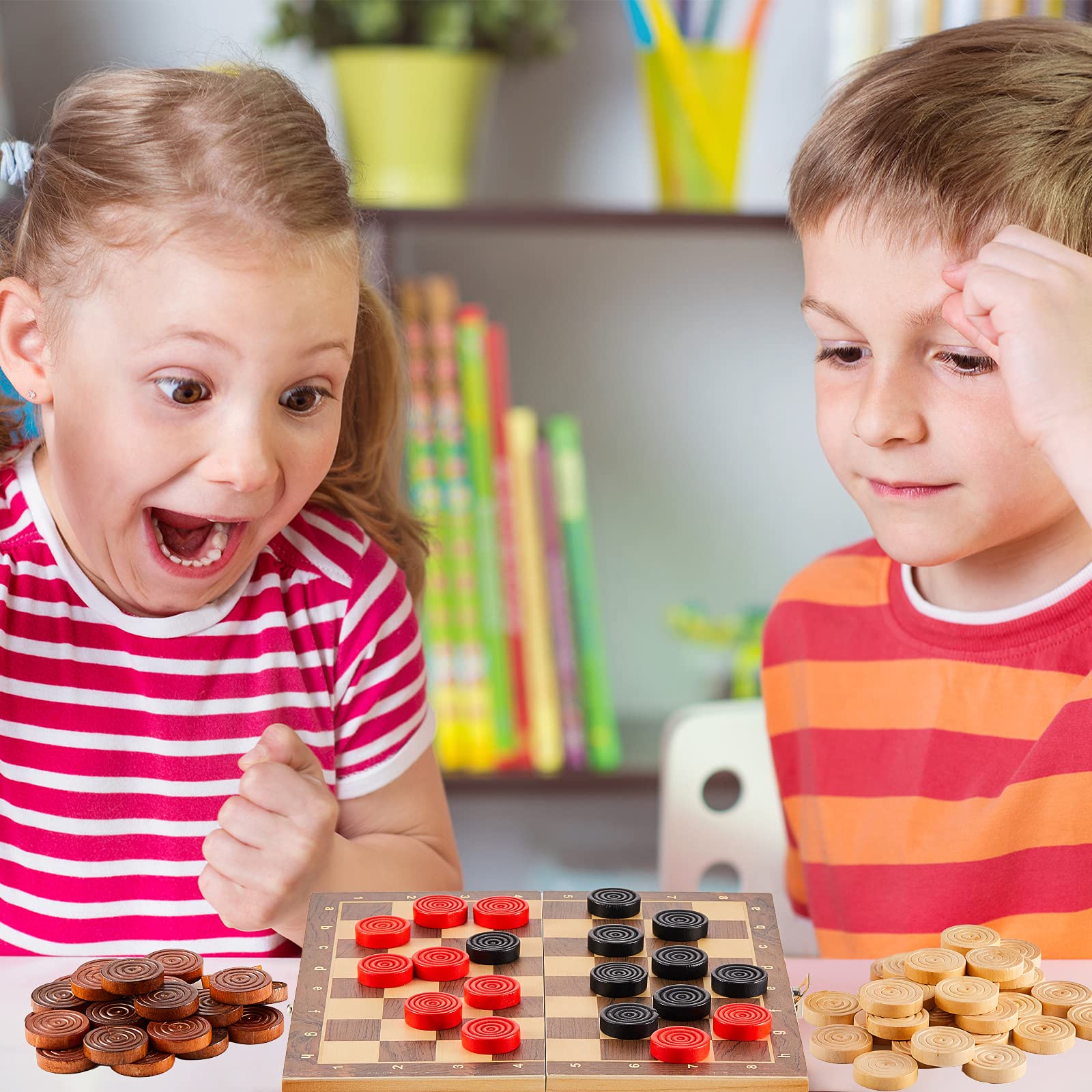 48 Pieces Wooden Checkers 1.06 Inch Wooden Checkers Pieces with Stackable Ridge in Drawstring Storage Pouch Red Black Dark Brown Wood Color (Red, Black, Dark Brown, Natural Color)