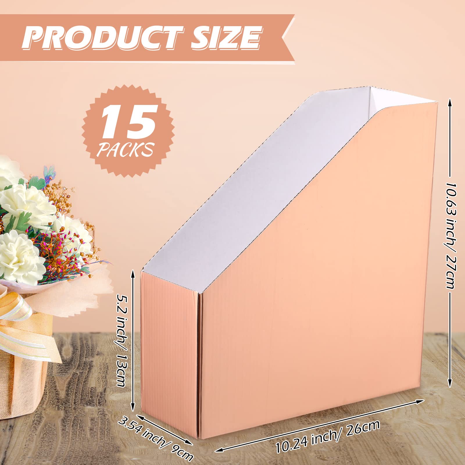 15 Pack Rose Gold Magazine File Holders Foldable Document Storage Organizer Box Cardboard Magazine Holder Desk Organizer for Office School Hospital Home