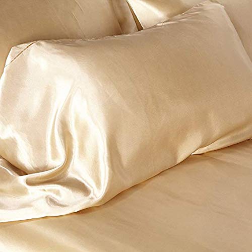 3 Piece Duvet Cover Set (1 Duvet Cover + 2 Pillow Shams) Satin Silk Honeymoon Sexy Luxury 100% Super Soft Microfiber Bedding Collection (Gold, Queen)