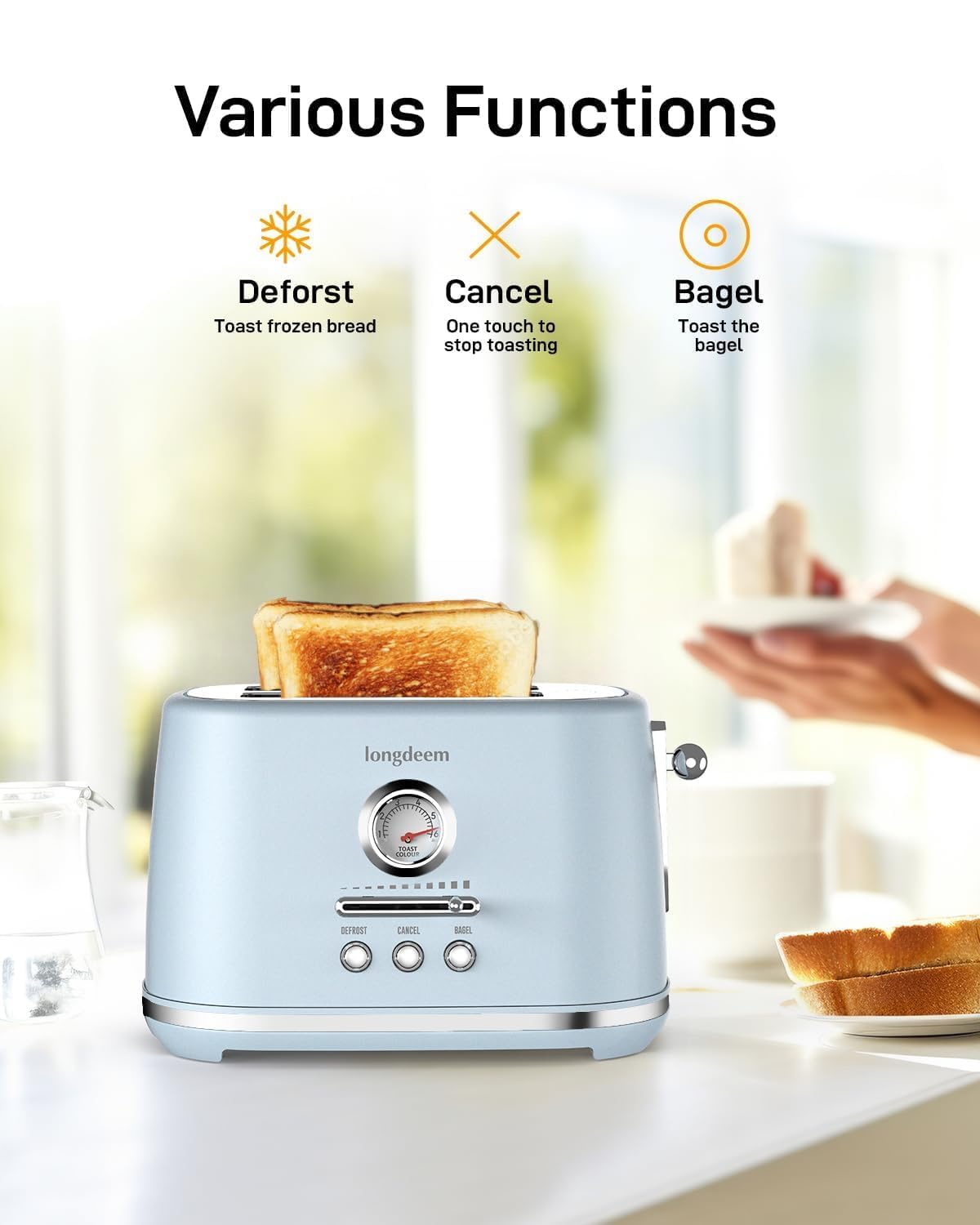 2 Slice Toaster, Wide Slots, Lift + Look, Auto-Off, & Frozen Modes for Toast, Bagels, Waffles & Fruity Breads, Retro Collection, Easy-Clean Crumb Tray, Blue