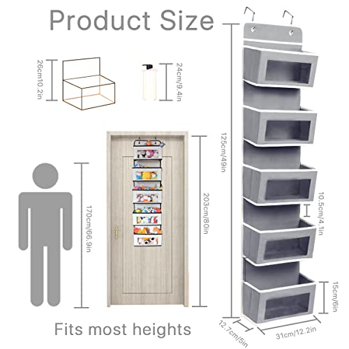 5-Shelf Over Door Hanging Organizer Storage,5 Large Pockets with Clear Windows,2 Metal Rings for Large Hanging Weight for Nursery, Diapers, Closet,Room,Dorm(White)
