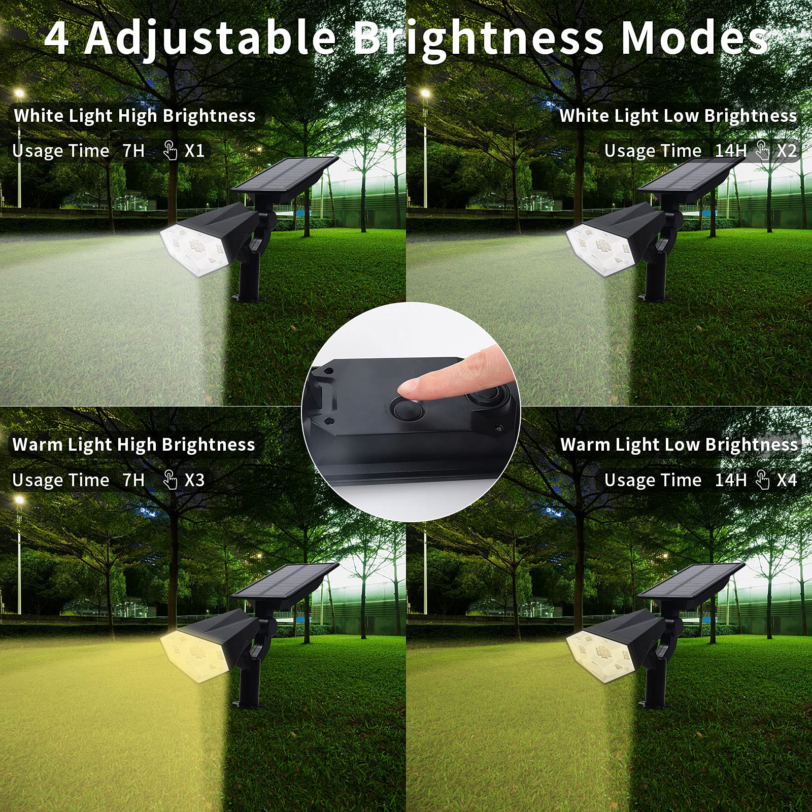 AB-1 2 Pack Solar Landscape Spot Lights Outdoor, Color Adjustable from White Light to Warm Light,2-in-1 4 Modes Waterproof Solar Powered Lights for Yard Garden Patio Driveway Pool