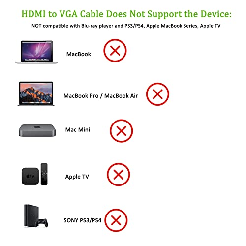 HDMI to VGA Cable 6FT, Unidirectional HDMI to VGA 6' Video Adapter (Male to Male) Compatible for Raspberry Pi, Roku,Computer, Desktop, Laptop, PC, Monitor, Projector, HDTV and More