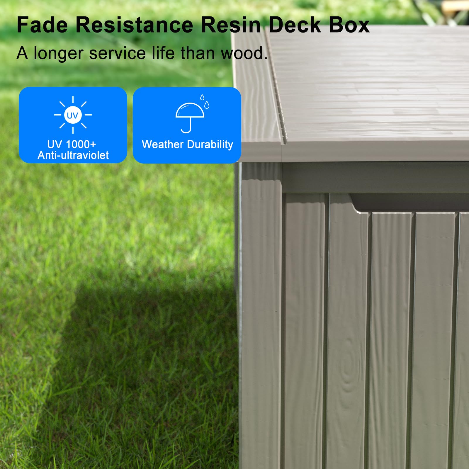 150 Gallon Waterproof Outdoor Resin Deck Box with Lockable Lid, Easy Assembly Features and Convenient Handles For Cushion, Pillows and other Patio Furniture (Grey)