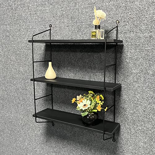Abrihome® Hanging Wall Wood Shelf, 3 Tier Floating Wall Shelves with Metal Bracket Storage Plant Shelves Decor for Kitchen Bathroom Living Room Bedroom Office(Black)