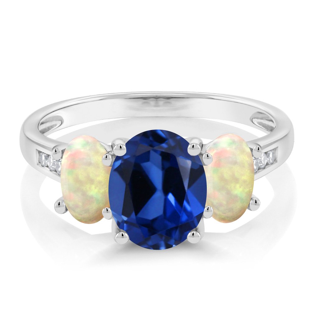 10K White Gold Blue Created Sapphire White Ethiopian Opal and White Diamond Oval 3-Stone Engagement Ring For Women (2.24 Cttw, Gemstone September Birthstone, Available In Size 5, 6, 7, 8, 9)