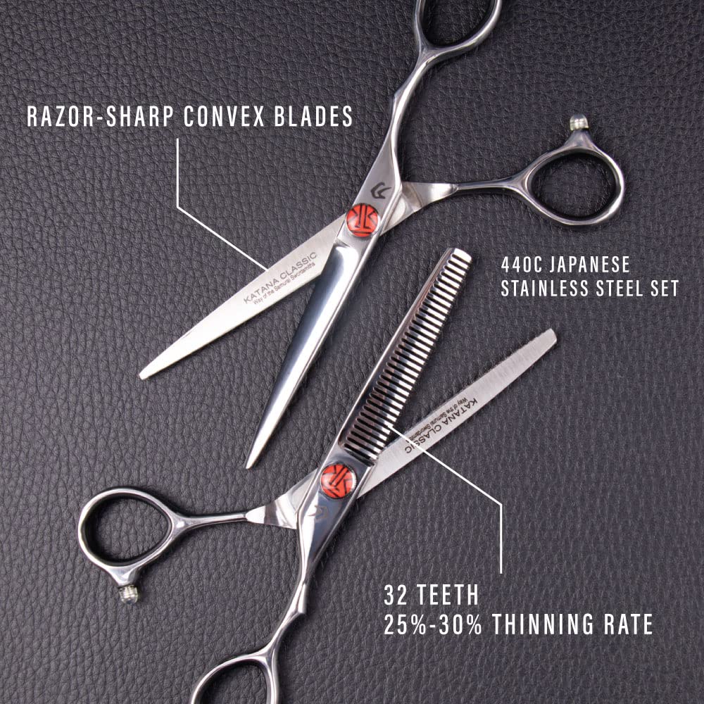 Katana Classic Professional 6.5" Shear Set by Tokko Shears, Premium 440C Japanese Steel Regular and Thinning Scissors for Barbers and Salon Professionals
