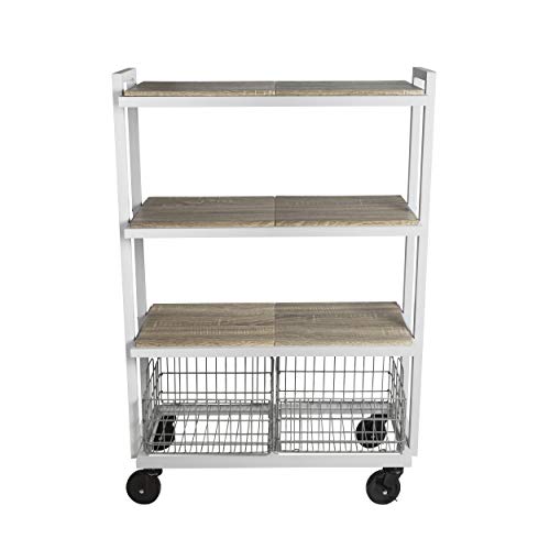 Atlantic System 4 Tier Cart-Wide Mobile Storage, Interchange Shelves and Baskets, Powder-Coated Steel Frame PN in White & Modular Cart System Wire Storage Basket