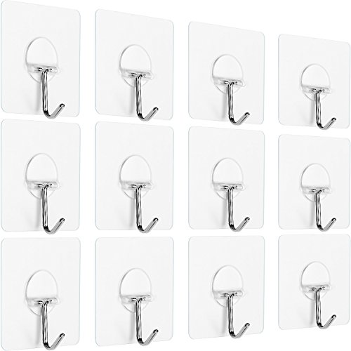 Anwenk 12Pack Wall Hooks Adhesive Wall Hanging Hooks Stick On Hooks Ceiling Hanger Damage Free Hanging Reusable Waterproof for Home Bathroom Kitchen Refrigerator Door Keys Bags,Clear- Promotion