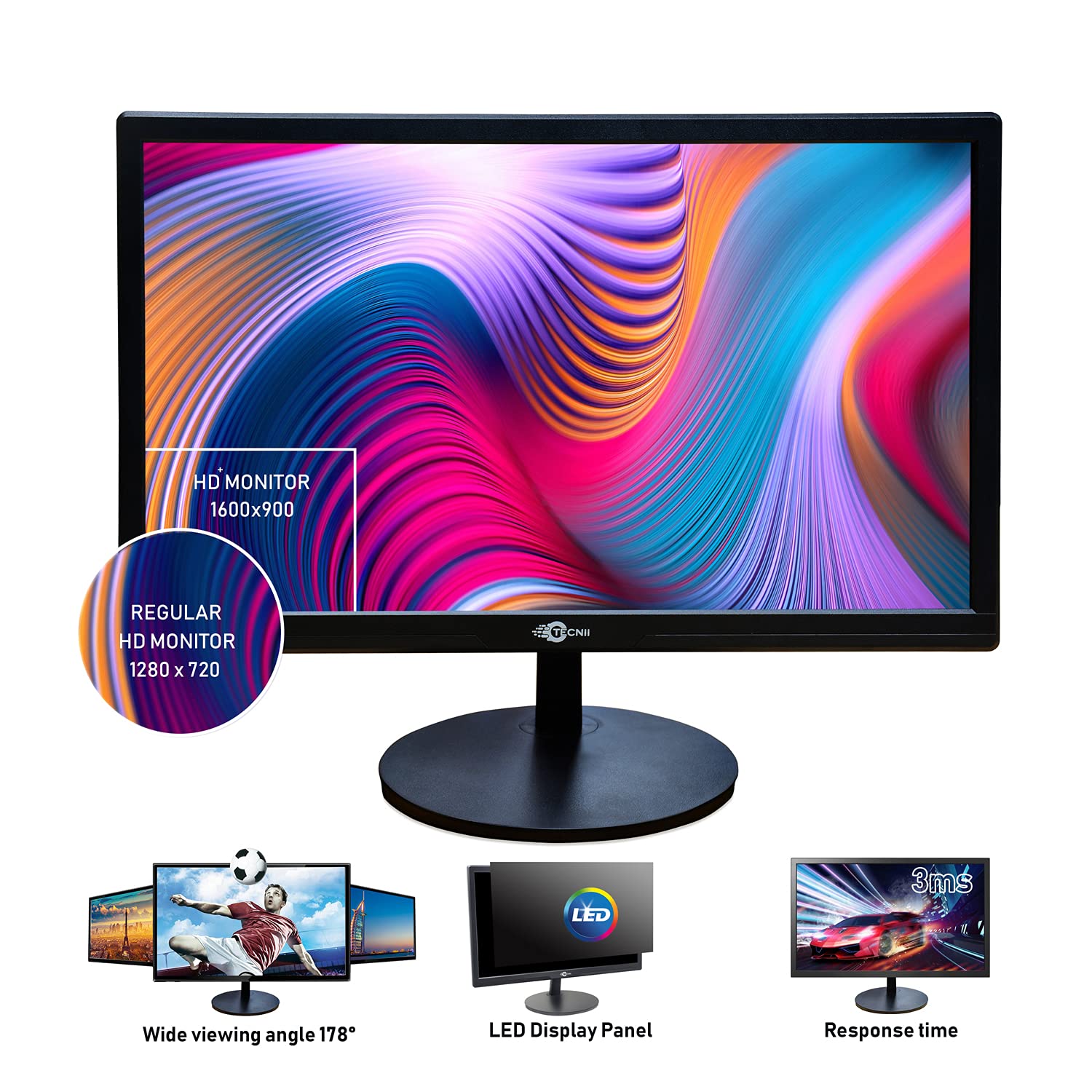 TECNII 20" Inch Widescreen LED Backlit LCD Desktop PC Monitor HD+ Resolution - 3ms Response Time - HDMI - VGA - for Home, Office - Black