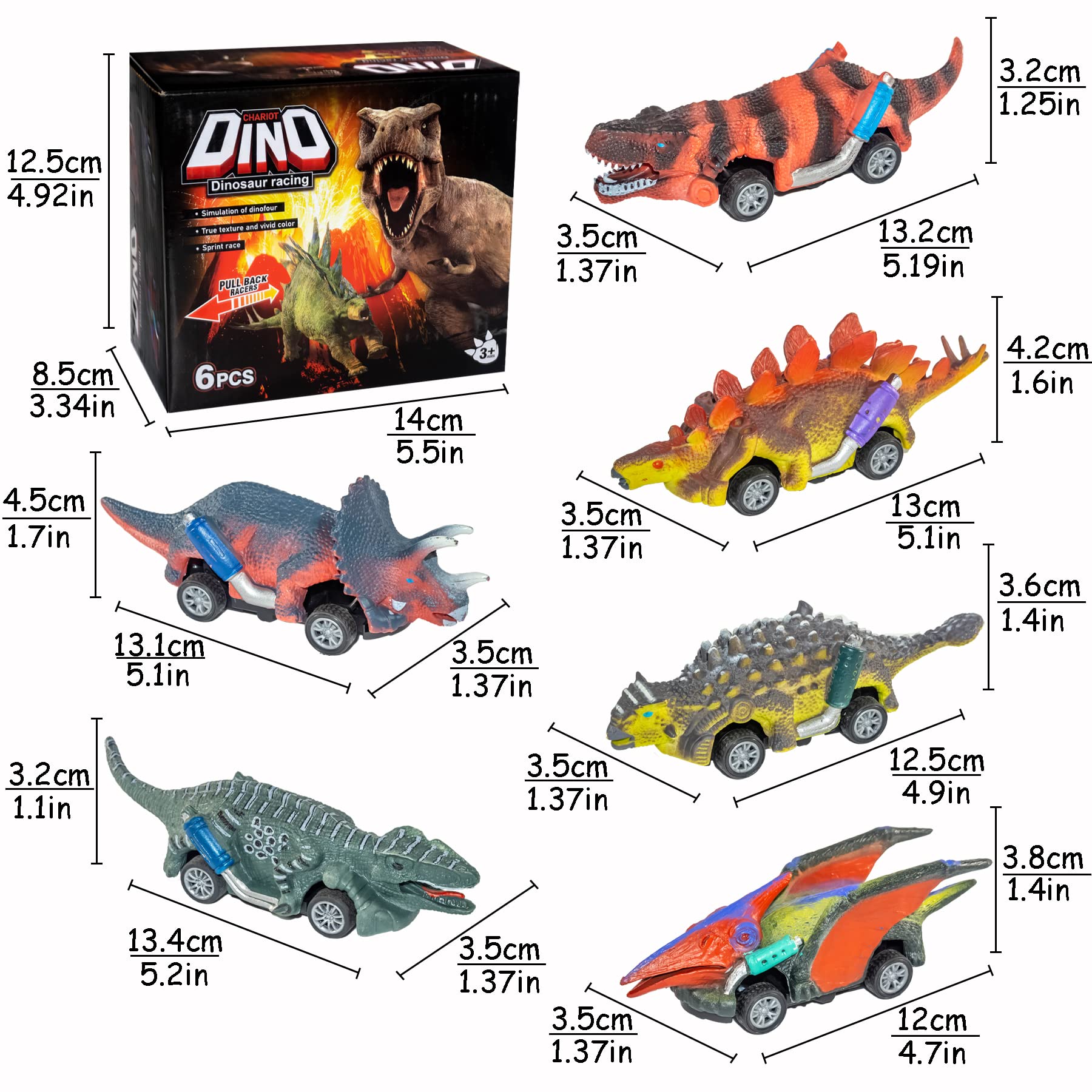 ABCaptain Dinosaur Toys Pull Back Cars for Boys Kids Toddlers 3-7 Year Old, Dino Monster Trucks Birthday Easter for Age 3 4 5 6 (6Pcs-A)
