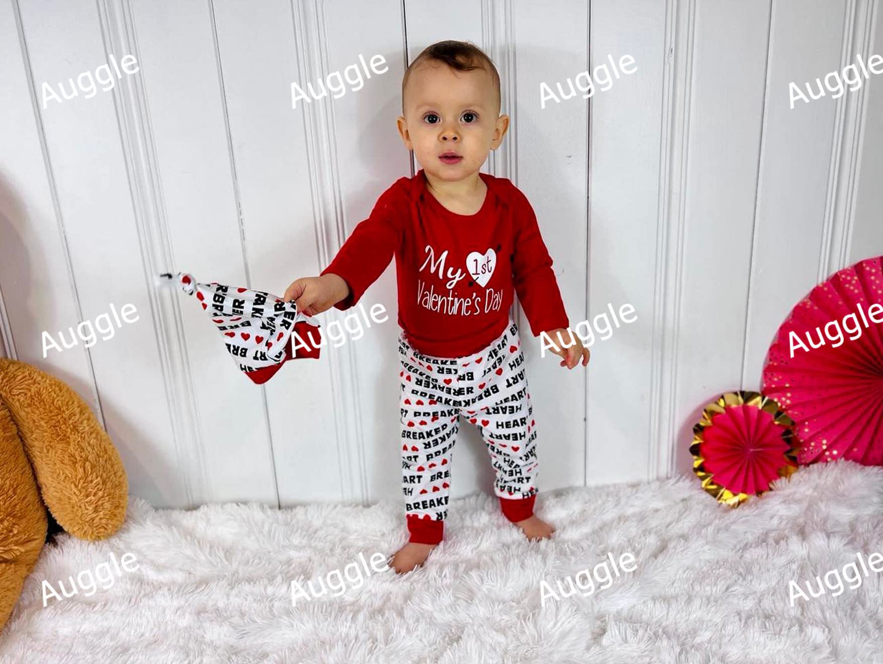 Auggle Baby Boys Girls My First Valentine's Day Romper Infant Long Sleeve Cute Outfit Clothes Set (Red, 3-6 Months)