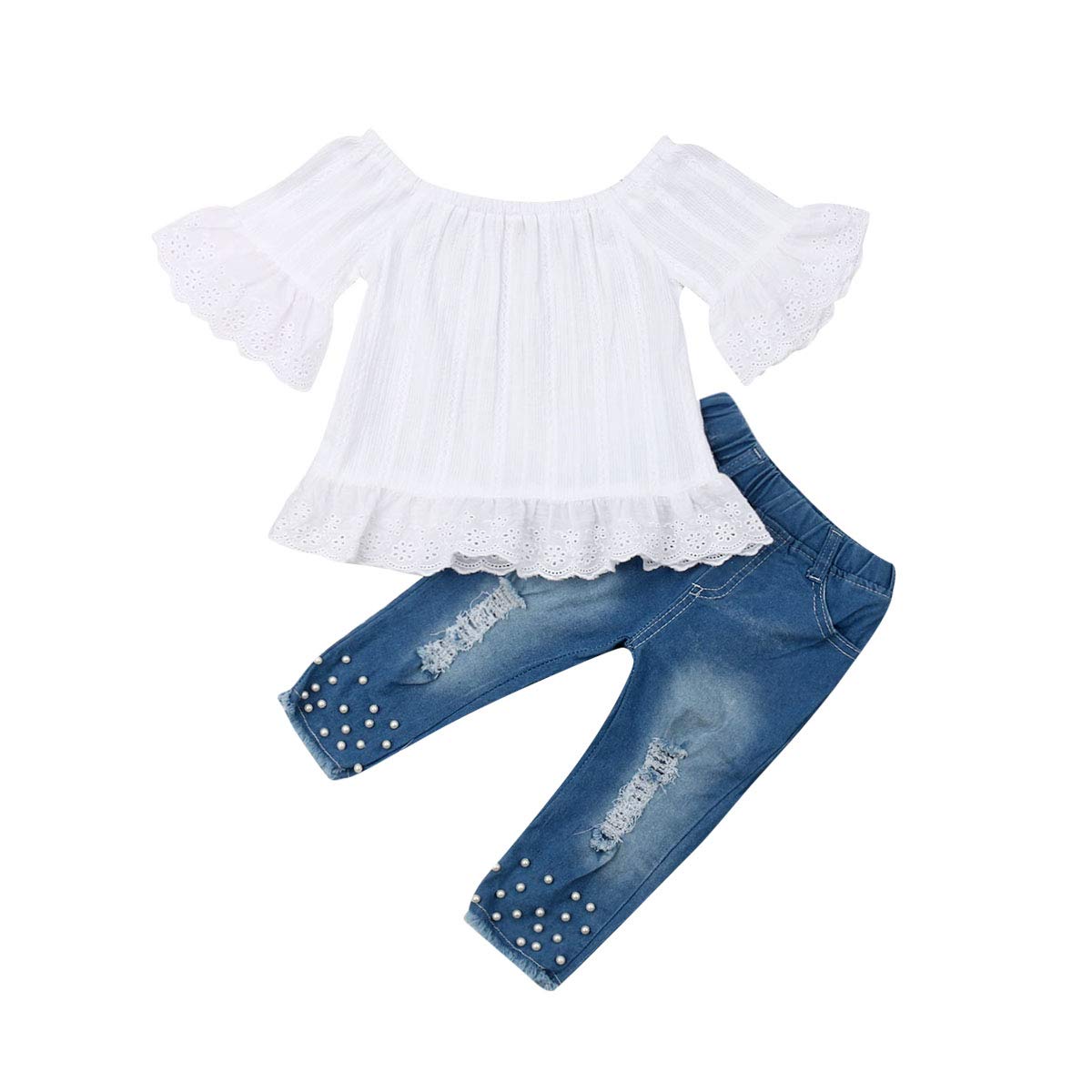 FIOMVA Toddler Kids Baby Girl Spring Fall Clothes Outfits Tracksuit Top Shirt Sweatshirt + Pants Trousers Leggings 2Pcs Set (White Ruffle Tunic top + Jeans Pants, 3-4T)