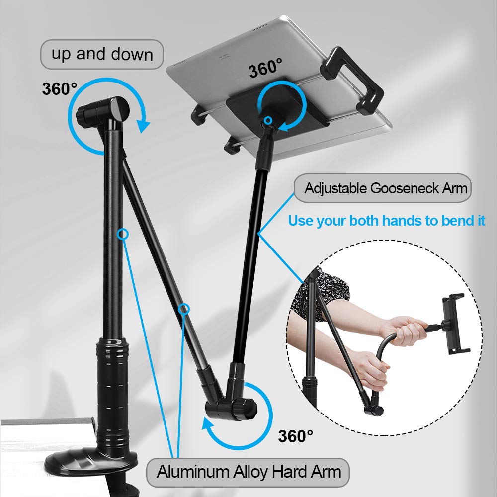 Aqonsie Phone Holder Bed Gooseneck Mount Clip with 360° Rotation Flexible & Hard Arm Bracket Compatible with iPad,Tablet,4-14" Phones, Foldable Tablet Stand for Desk Bed Kitchen Office