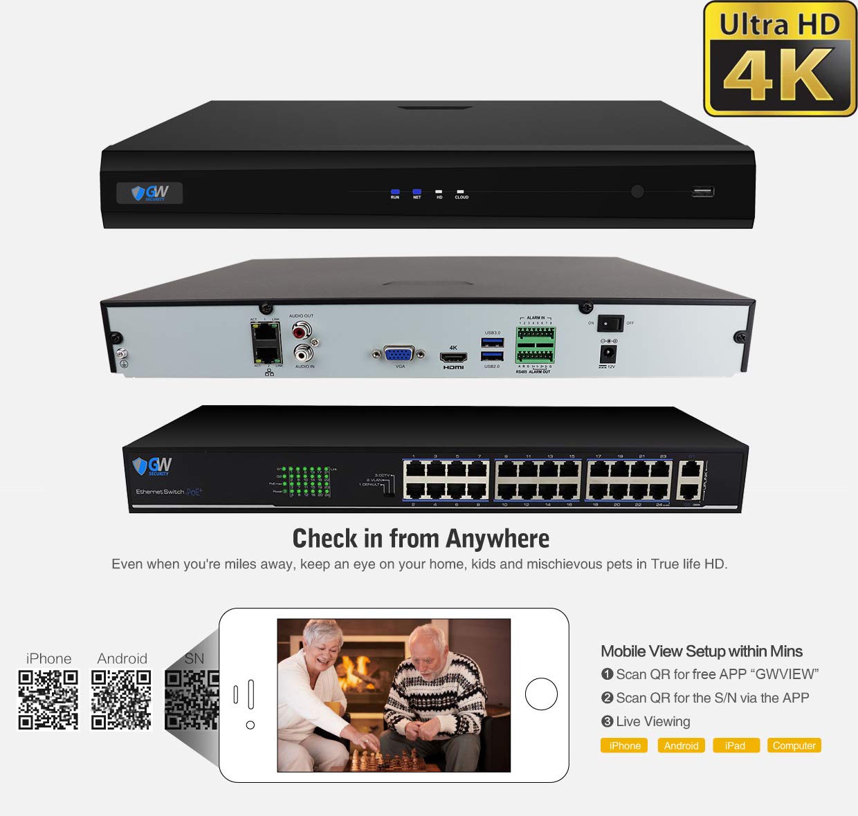 GW Security 32 Channel NVR 4K PoE Smart AI Security Camera System with 22 x 8MP Wide Angle Bullet Camera and 2 x 8MP 4X Motorized Zoom 2-Way Audio PTZ Camera, Outdoor Indoor Video & Audio Surveillance