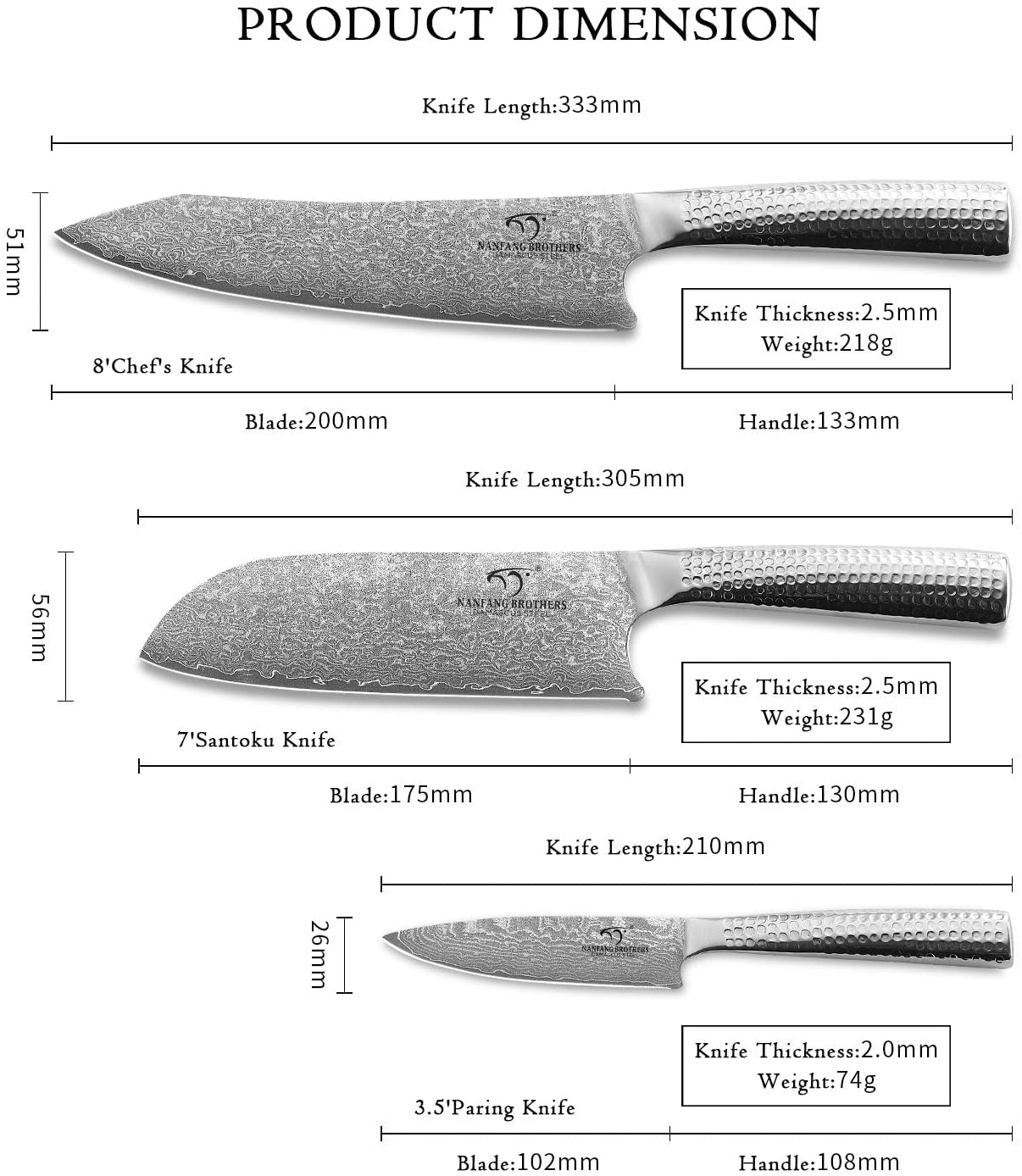 3 Pieces Damascus Kitchen Knife Set with 8” Chef Knife, 7” Santoku Knife, 3.5” Paring Knife, 67 Layer Handmade Damascus VG10 Steel Core, Hammered Ergonomic Handle (Gift Box)