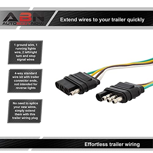 ABN Trailer Wire Extension, 1ft, 4-Way 4-Pin Plug Flat 20 Gauge β Hitch Light Trailer Wiring Harness Extender