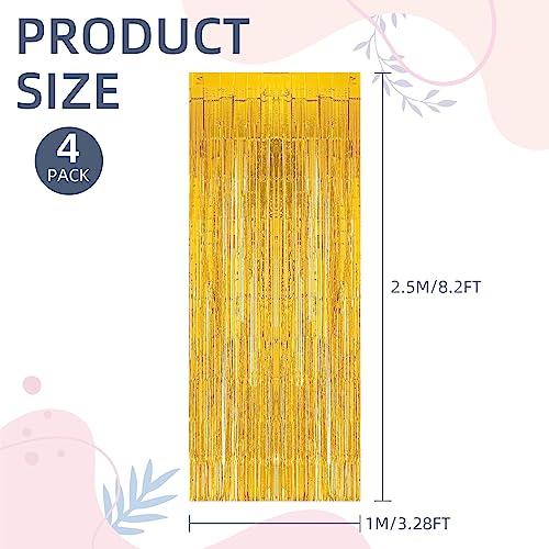 4 Pack 3.2ft x 8.2ft Gold Foil Fringe Curtain Backdrop Metallic Tinsel Foil Fringe Curtains Photo Booth Backdrop for Birthday Party Decorations Christmas Baby Shower Party Decorations (Gold)