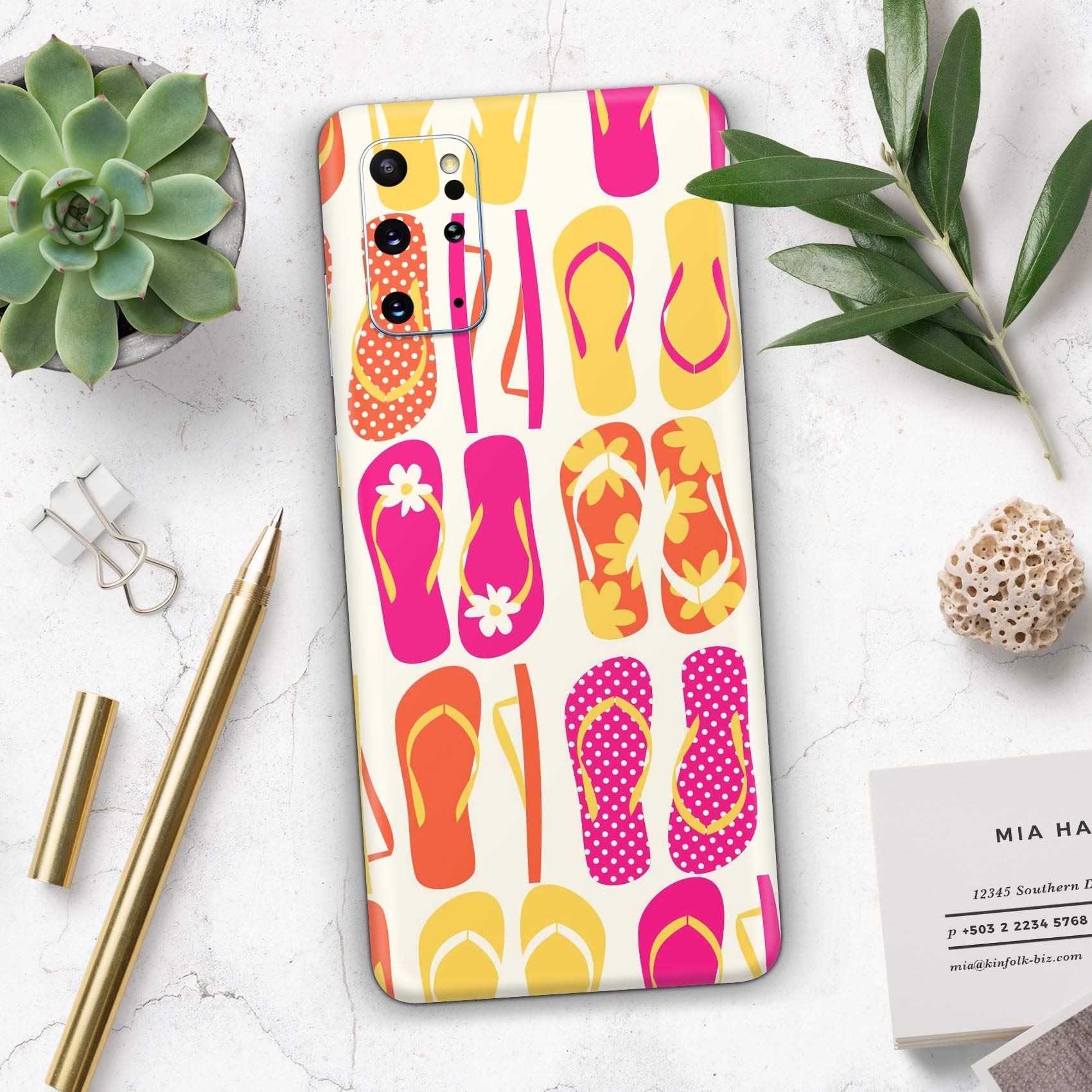 DesignSkinz Vibrant Pink & Yellow Flip-Flop Vector Protective Vinyl Decal Wrap Skin Cover Compatible with The Samsung Galaxy S20 (Screen Trim & Back Glass Skin)