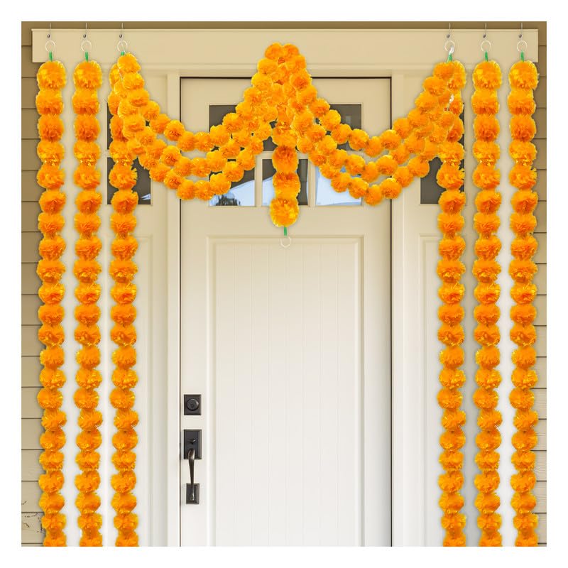 15 PCS Virbant Marigold Garland Golden Yellow | 5ft Long Marigold Flowers Day of The Dead Decorations, Indian Decor for Party and Events, Orange