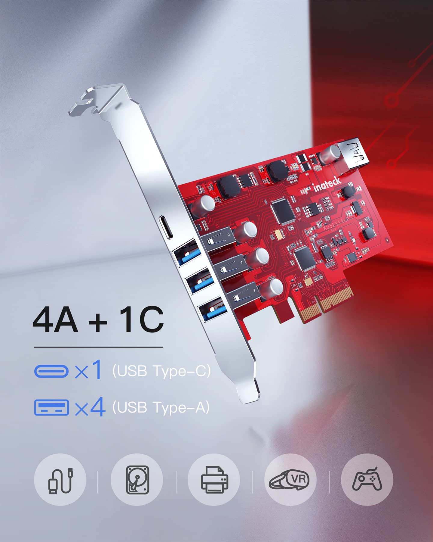Inateck PCIe USB 3.2 Gen 2 Extension Card with 4 USB A and 1 USB-C Ports 20 Gbps PCIe 5-Port Card No External Power Supply Required, RedComets U26