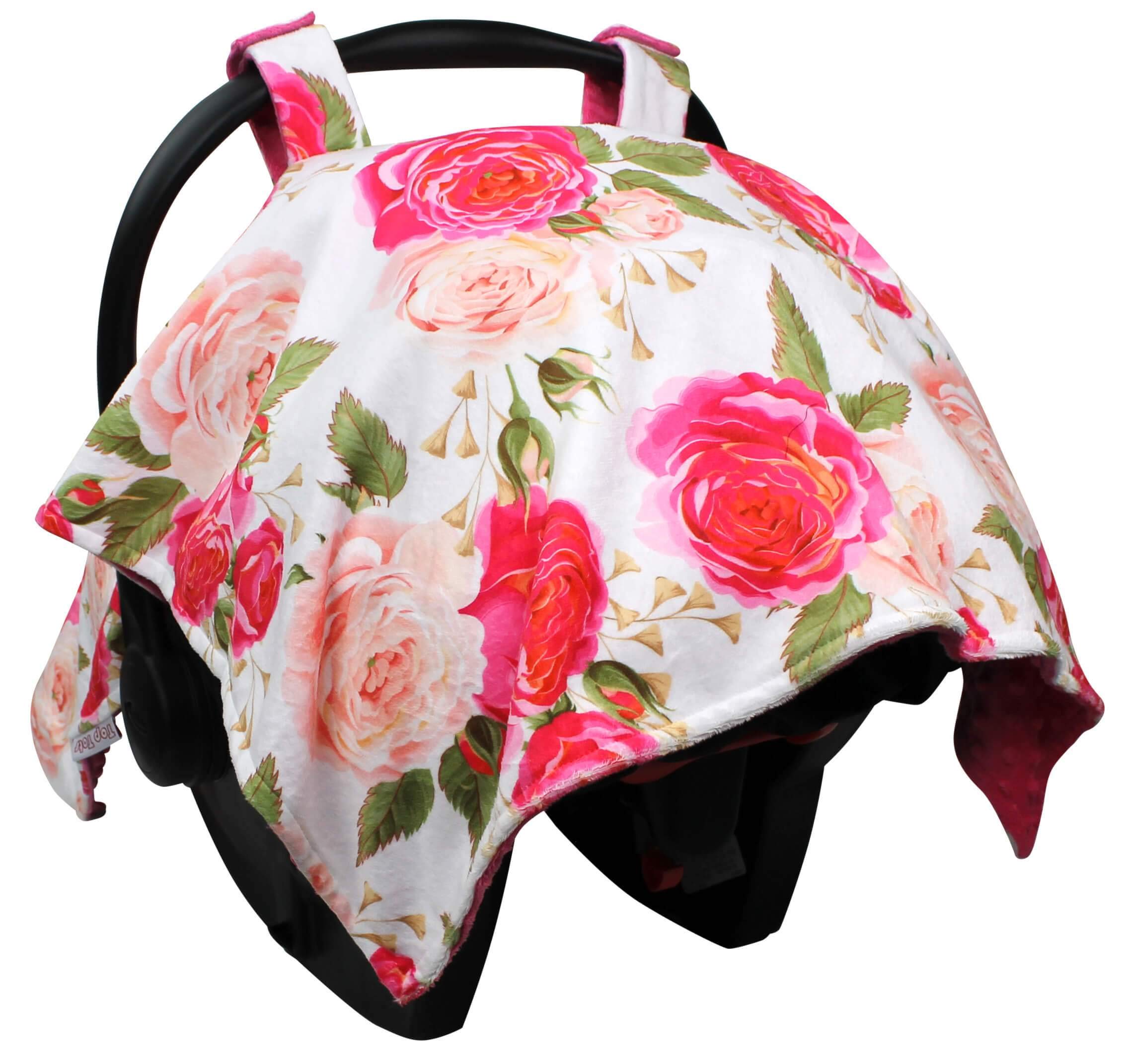 Baby Car Seat Canopy Cover - Hot Pink on White Roses